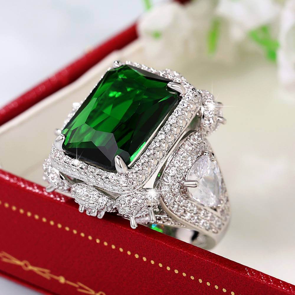 Emerald Luxury Big Rectangle 925 Silver Plated Ring – Zalika Women